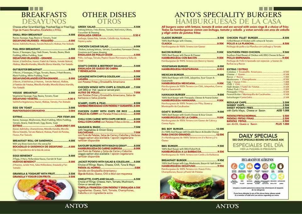 Menu at Anto's pub & bar, Spain