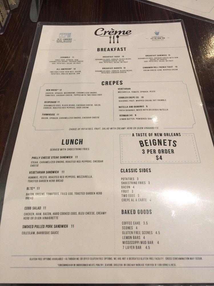Menu at Creme restaurant, Reno