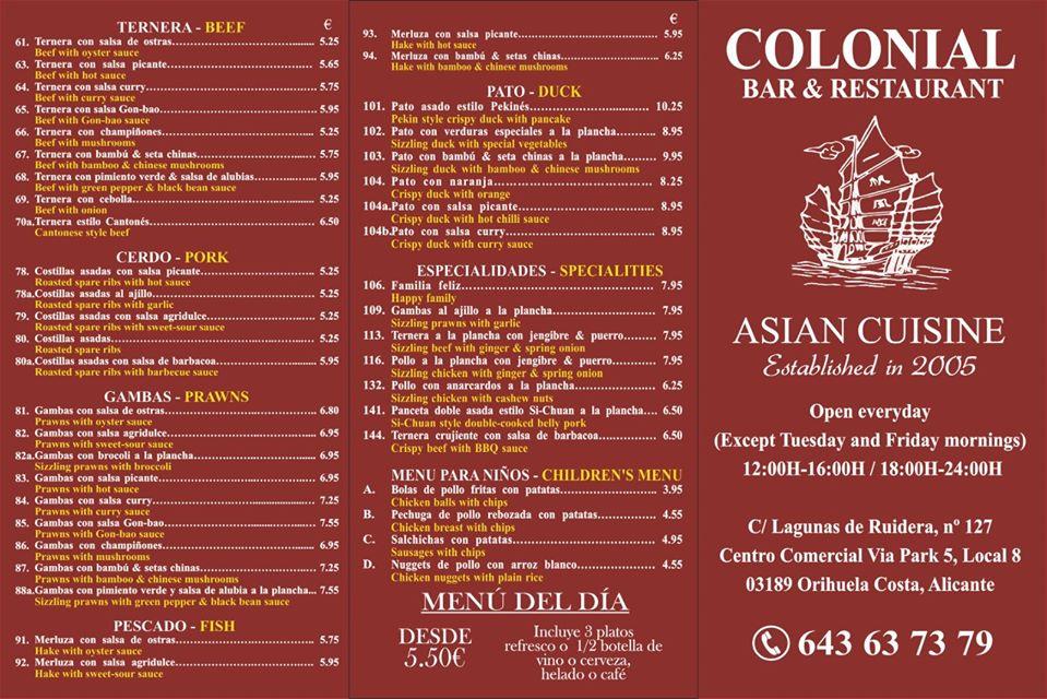 Menu at Colonial restaurant, Los Dolses