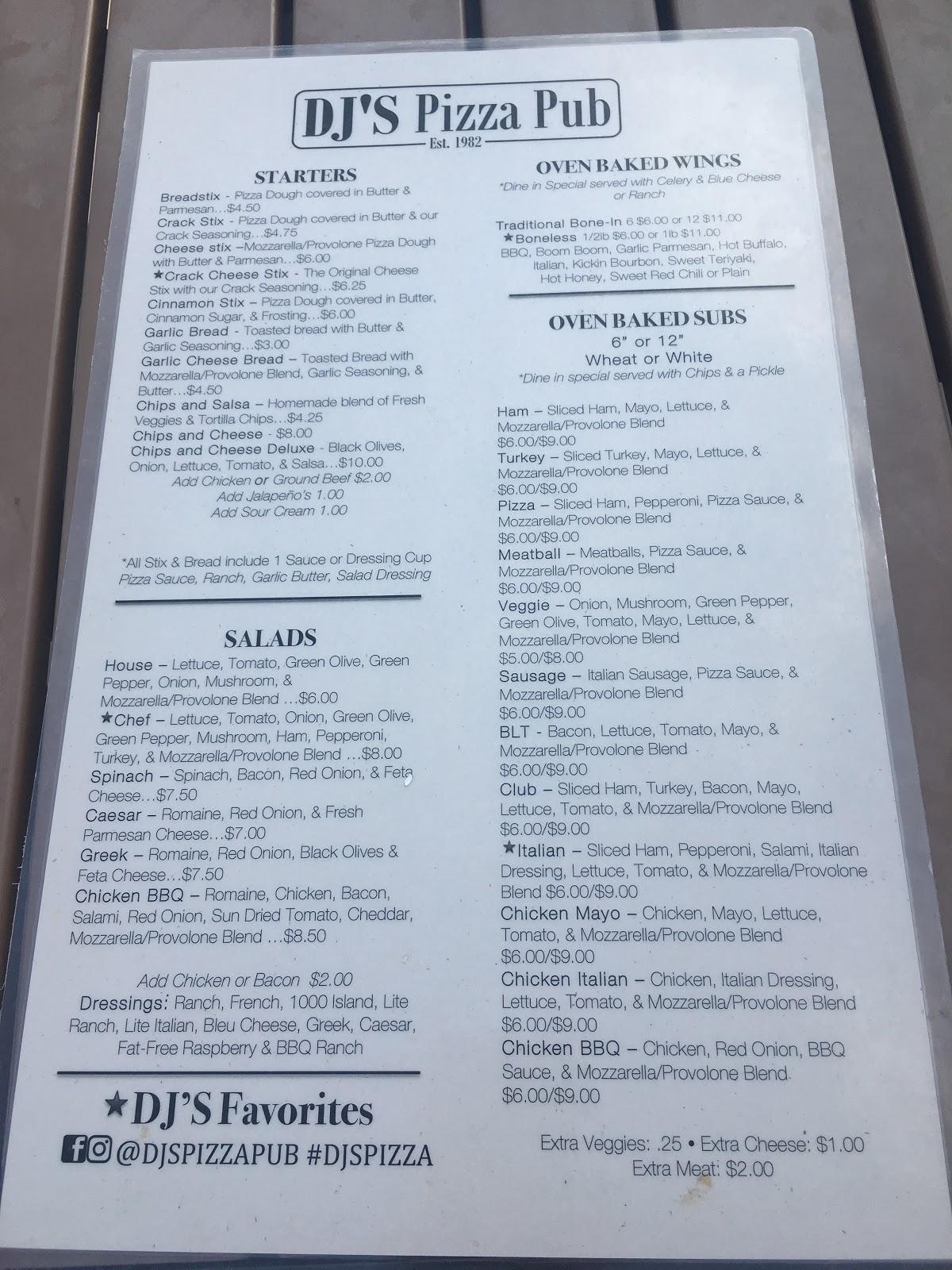 Menu at DJ'S Pizza Pub, Hudsonville