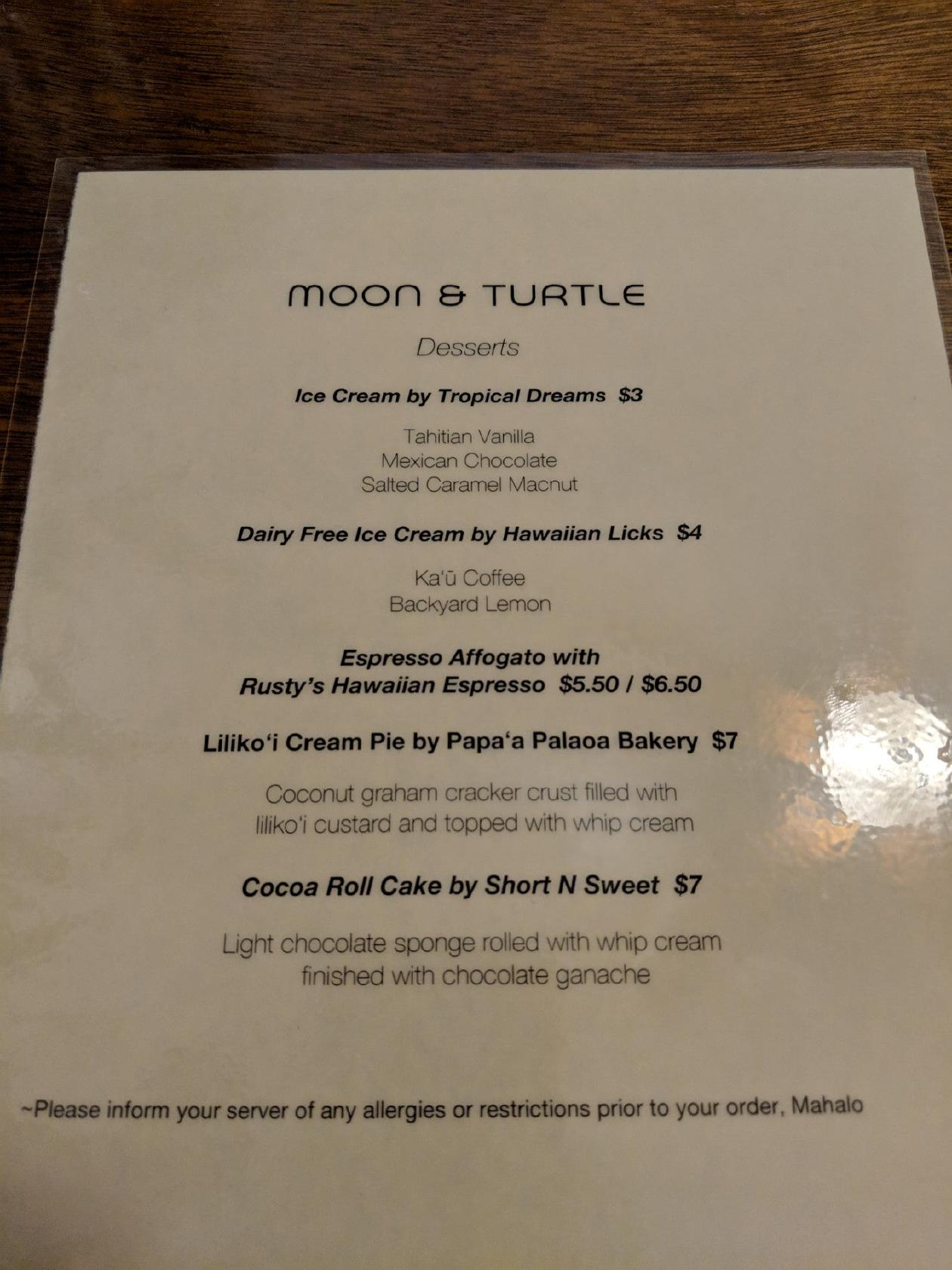 Menu at Moon and Turtle pub & bar, Hilo