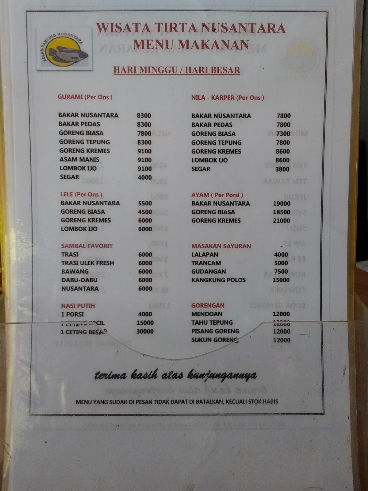 Menu at Pemancingan Tirta Nusantara restaurant, Boja