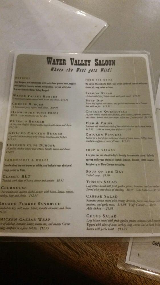 Menu at Water Valley Saloon pub & bar, Water Valley, Main St