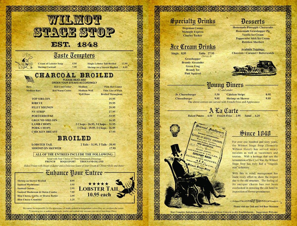 Menu at Wilmot Stage Stop steakhouse, Wilmot, 113th St