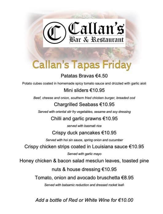 Menu at Callans Bar and Restaurant, Hackballscross