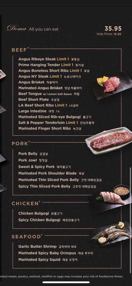 Menu at DOMA The Korean BBQ, Las Vegas