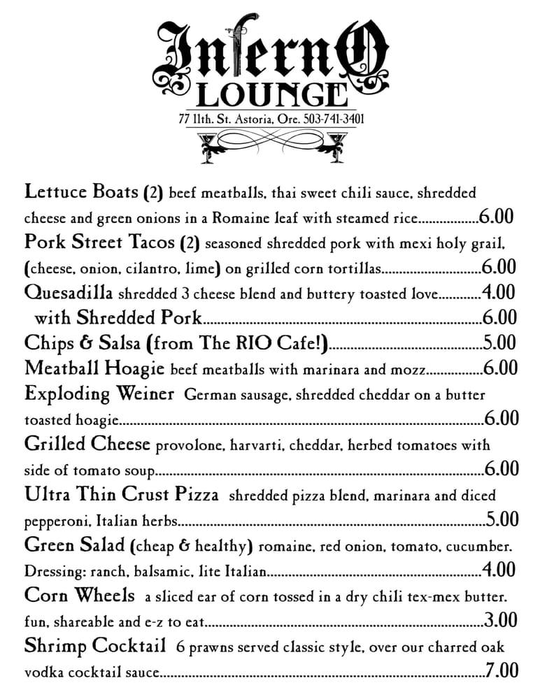 Menu at Inferno Lounge pub & bar, Astoria