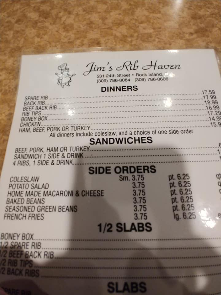 Menu at Jim's Rib Haven BBQ, Rock Island