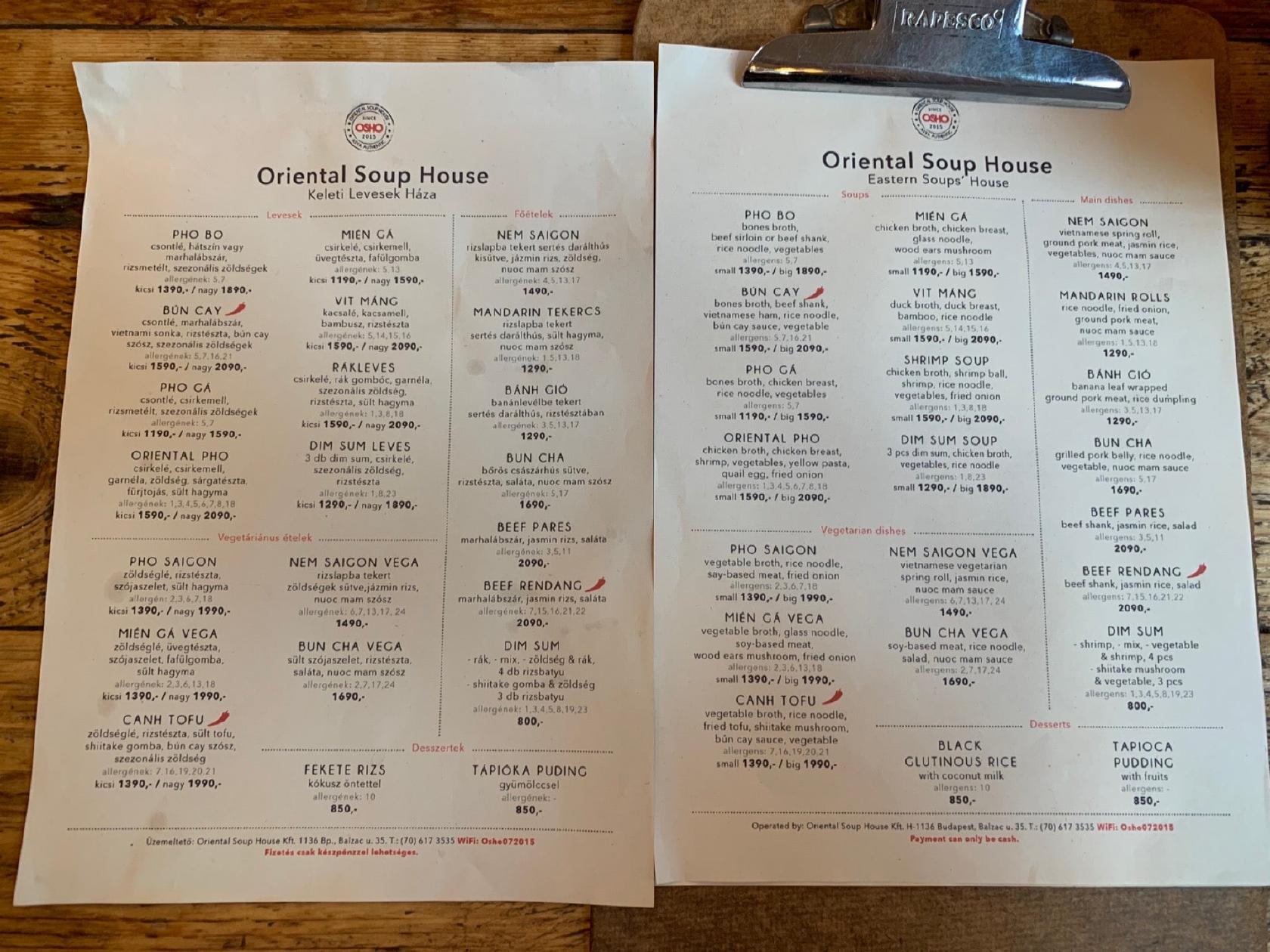 Menu at Oriental Soup House restaurant, Budapest, Balzac u. 35