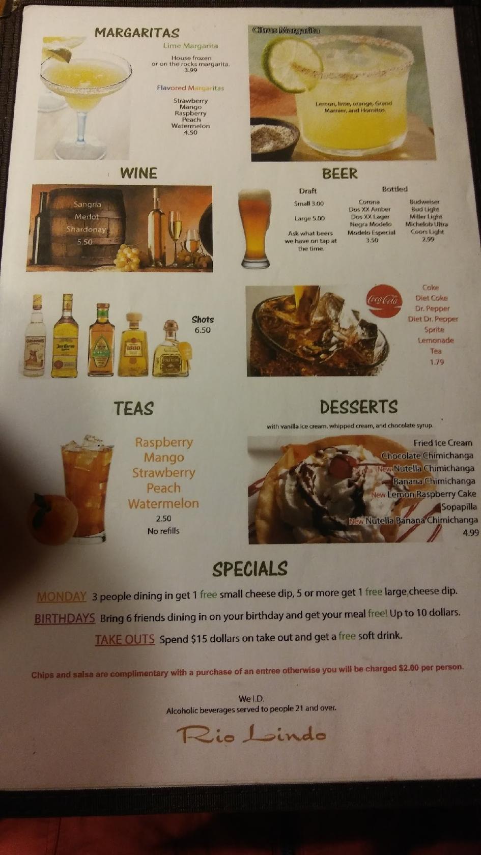 Menu at Rio Lindo Mexican Restaurant, Senatobia