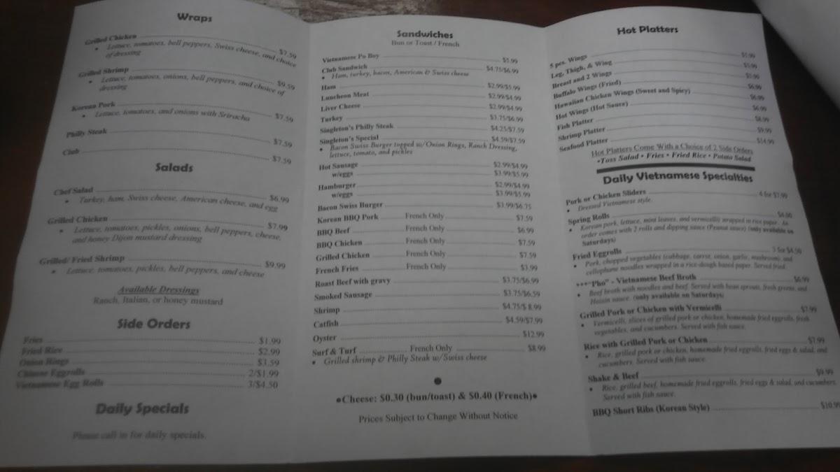 Menu at Singleton's Mini Mart restaurant, New Orleans