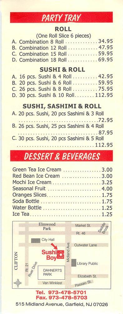 Menu at Sushi Boy Japanese restaurant, Garfield