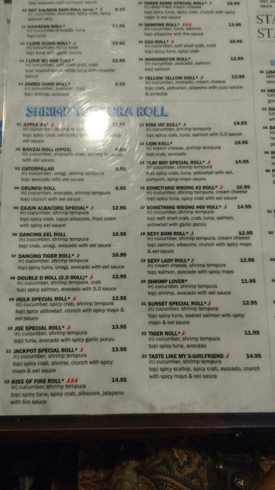 Menu at Sushi Hero restaurant, Las Vegas