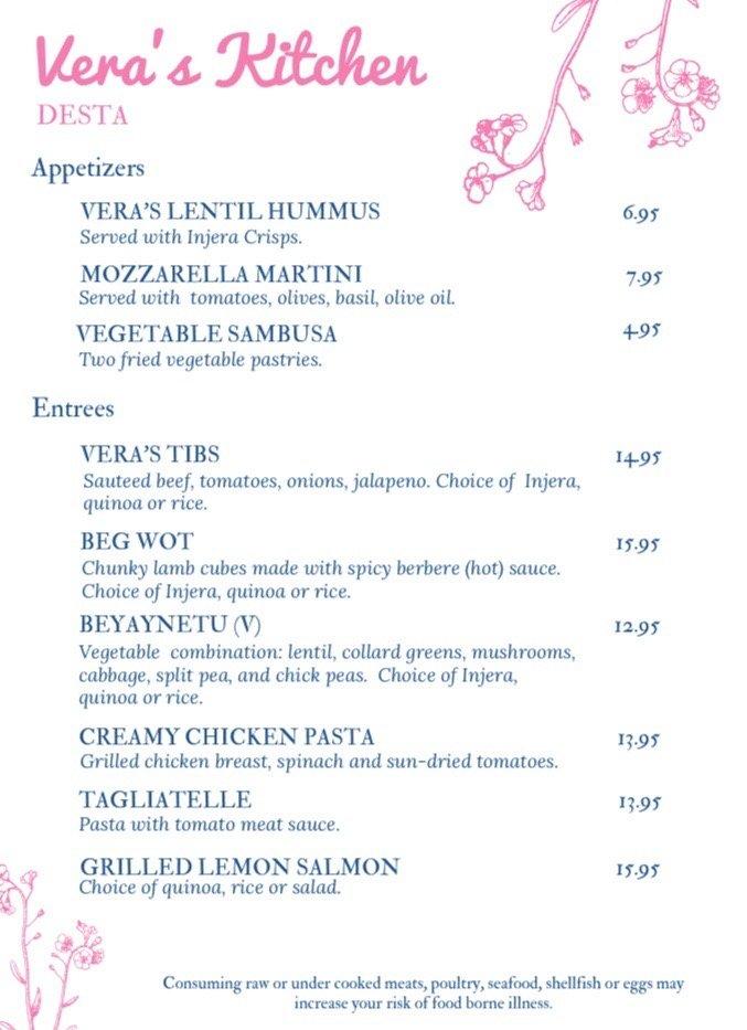 Menu at Vera's Kitchen restaurant, Manassas