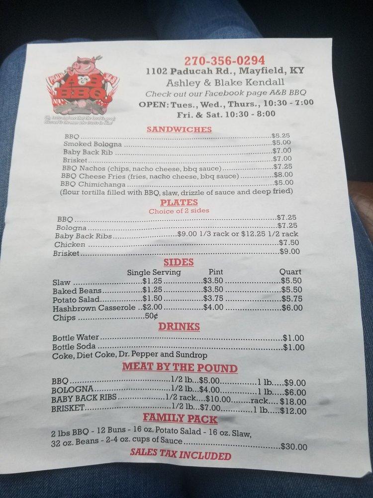 Menu at A&B BBQ, Mayfield, Paducah Rd