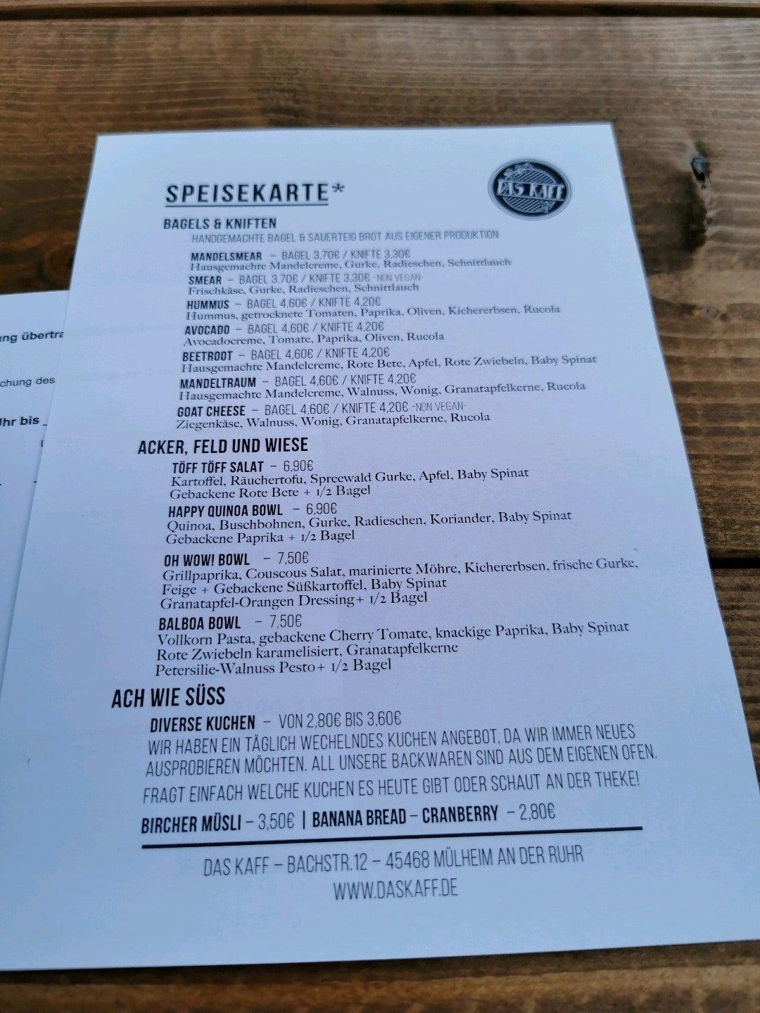 Speisekarte von DAS KAFF – bagel Bar & coffee salon, Mülheim an der Ruhr