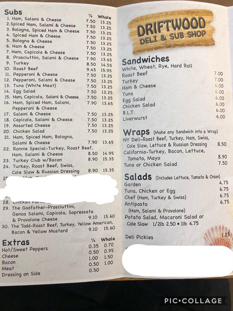 Menu at Driftwood Deli & Sub Shop restaurant, Toms River