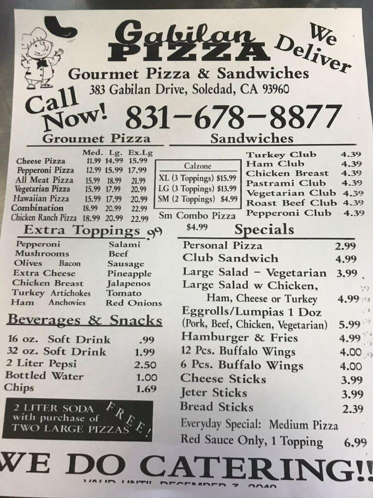 Menu at Gabilan pizza pizzeria, Soledad