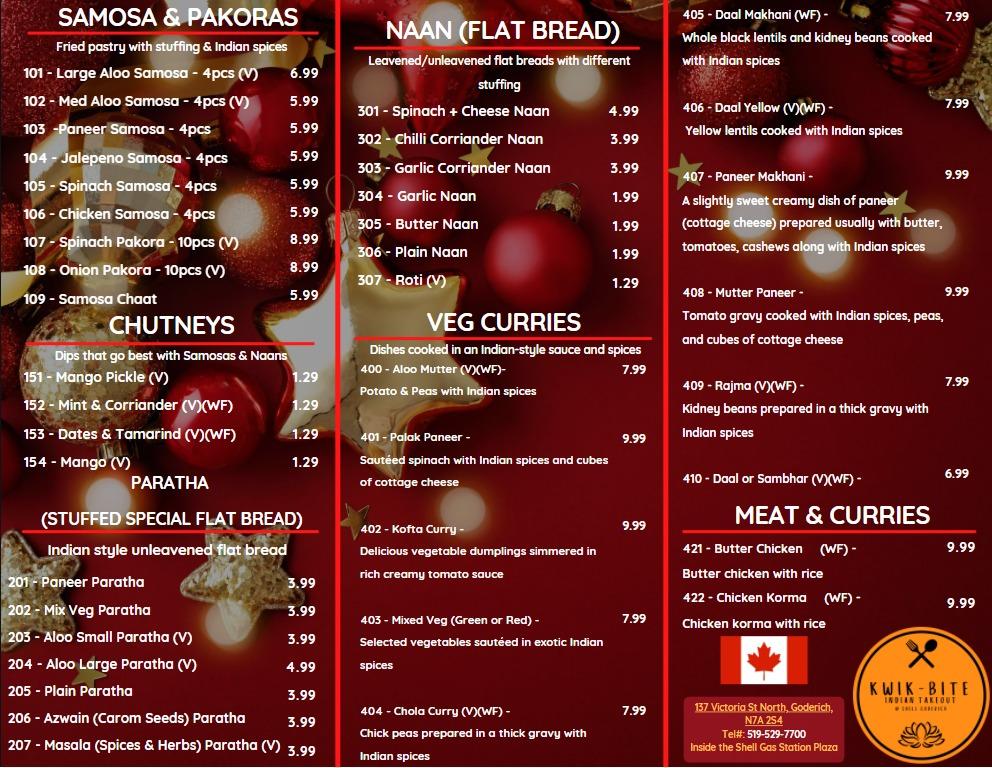 Menu at Shell Gas & KwikBite Indian Takeout & Convenience, Goderich