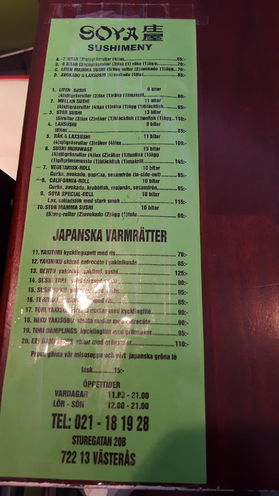 Menu at Soya sushi restaurant, Västerås