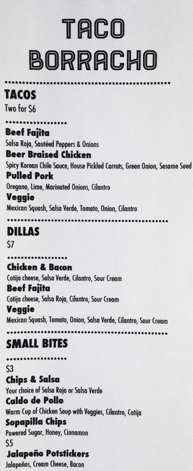 Menu at Taco Borracho restaurant, Houston