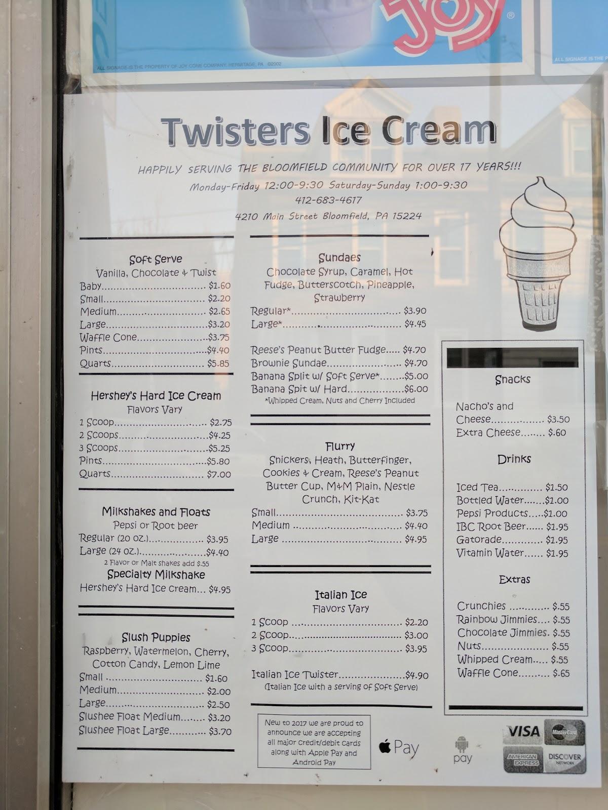 Menu at Twisters Ice Cream cafe, Pittsburgh