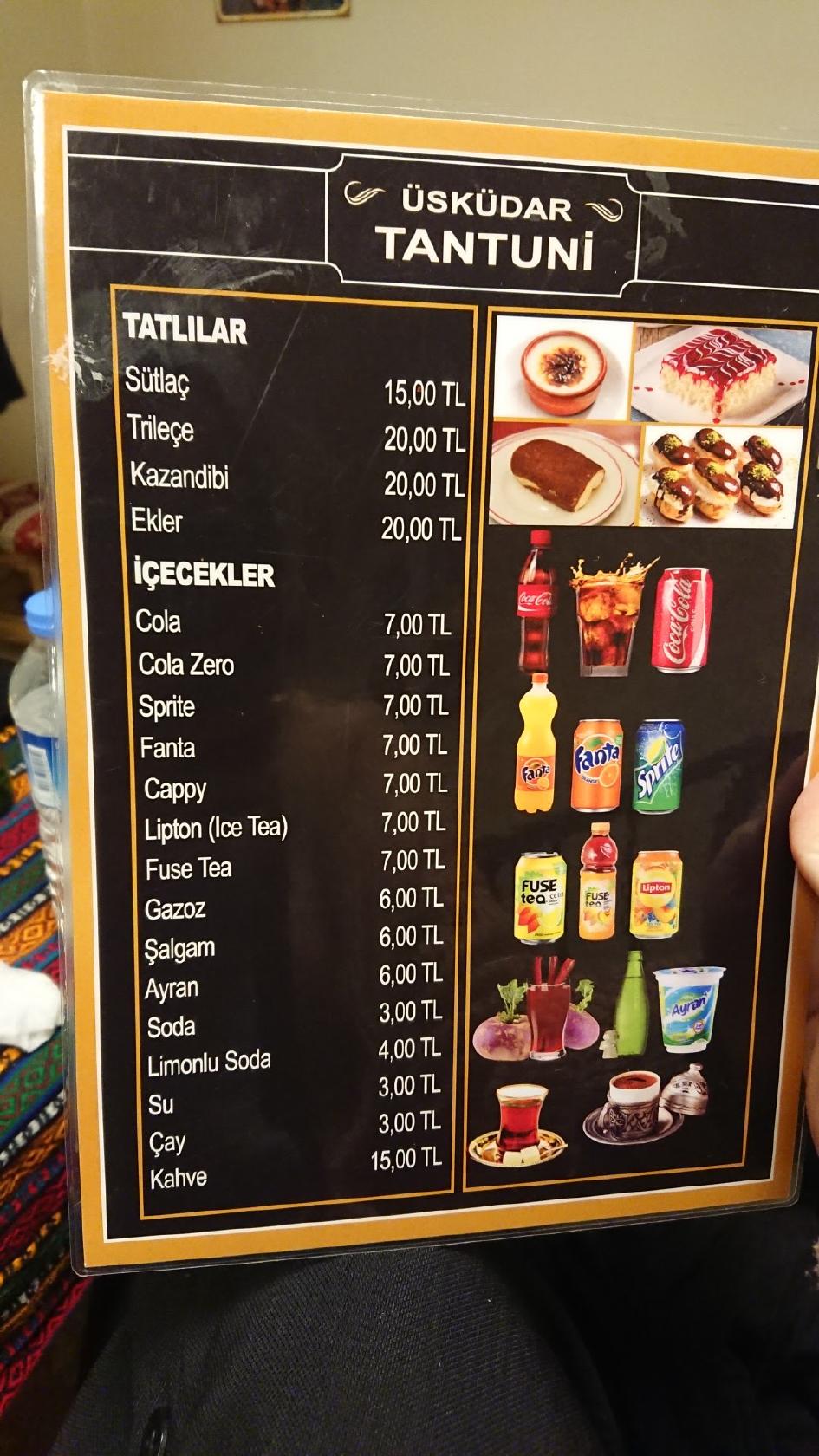 Menu at Üsküdar Tantuni, Istanbul