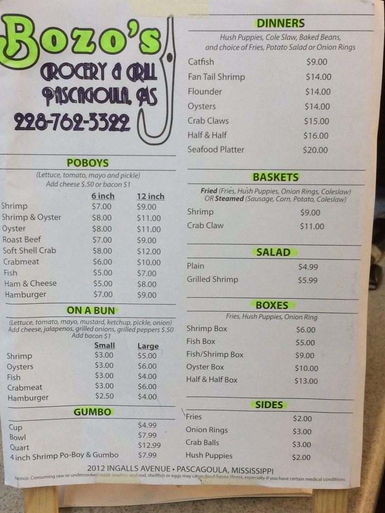 Menu at Bozo's Seafood Market restaurant, Pascagoula