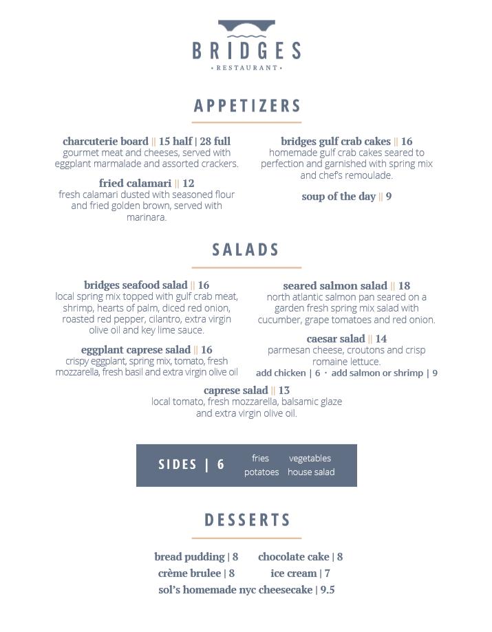 Menu at Bridges Restaurant, Sarasota