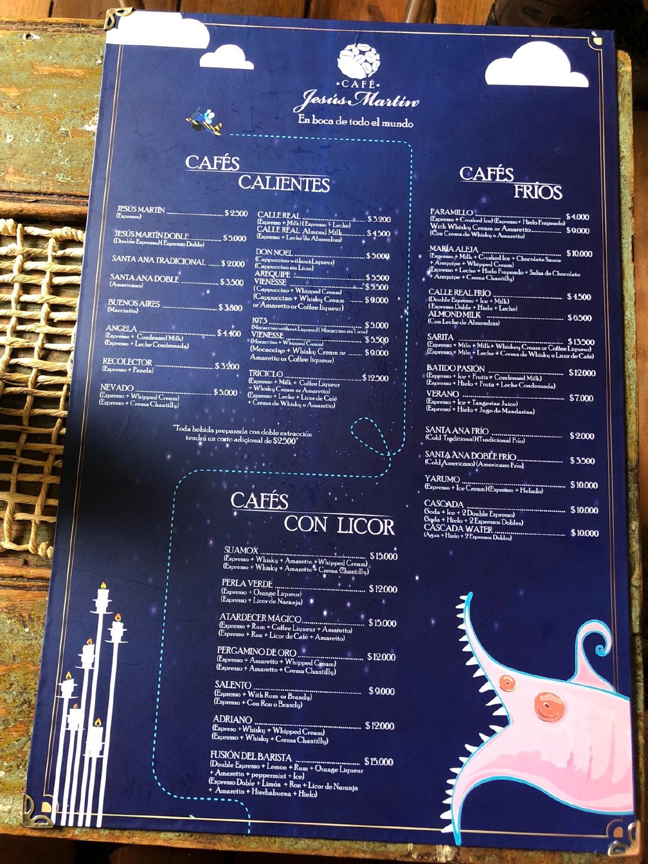 Menu at Café Jesús Martín, Salento