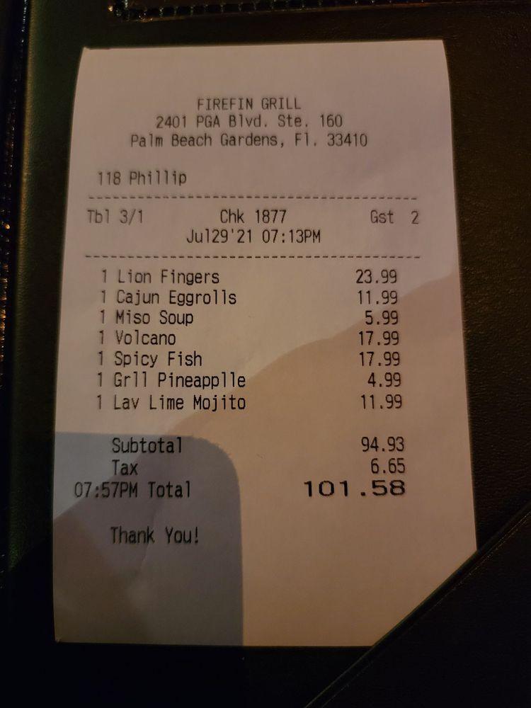 Menu at FireFin Grill restaurant, Palm Beach Gardens