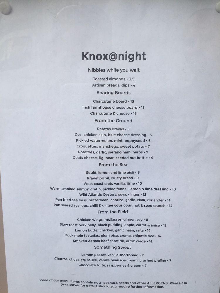 Menu at Knox cafe, Sligo