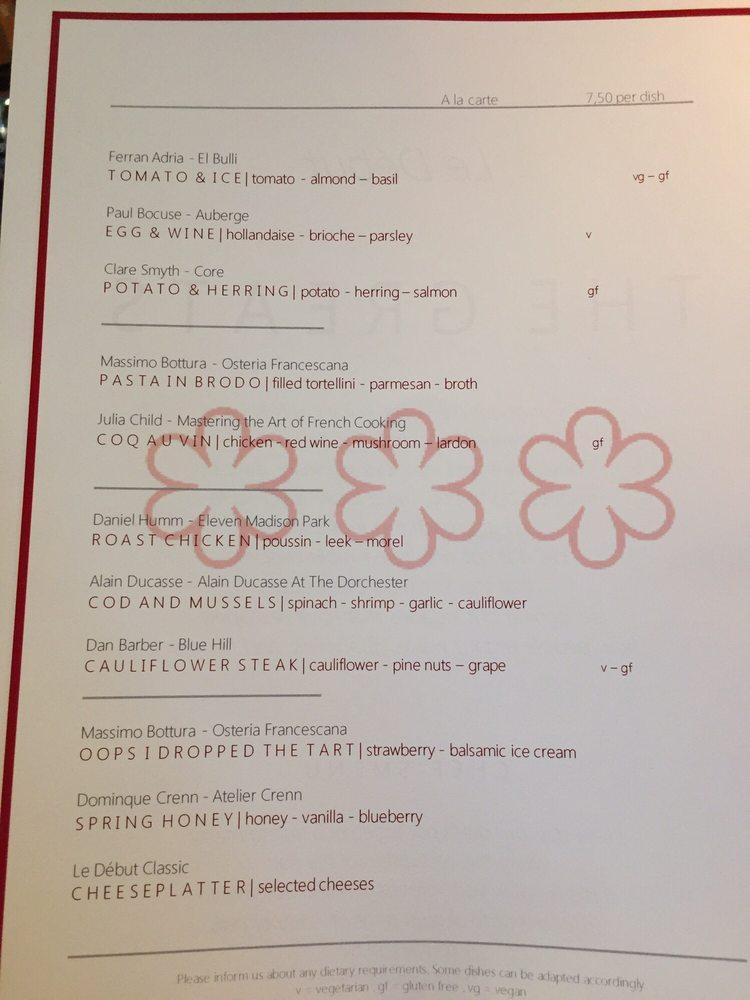 Menu at Le Début, Amsterdam, Jan Evertsenstraat 171