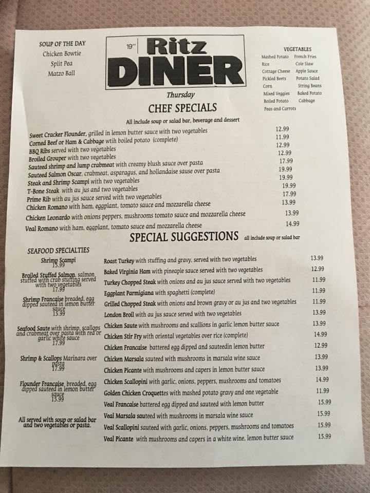 Menu at RITZ Diner restaurant, Philadelphia