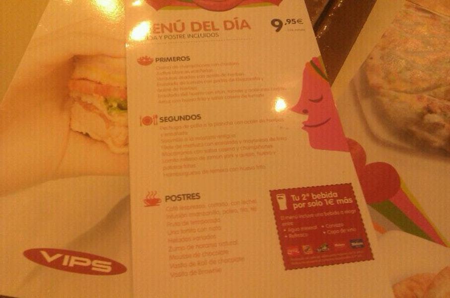 Carta de cafetería VIPS, Sevilla, Avenida República Argentina