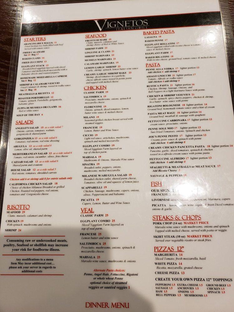 Menu at Vignetos Italian Grill pizzeria, Weston