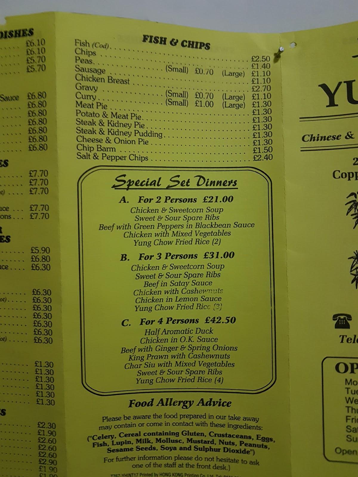 Menu at Yu Hing Takeaway restaurant, Chorley