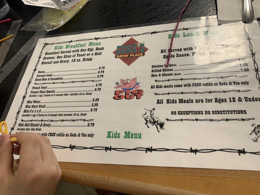 Menu at Zeke's Eatin' Place restaurant, Prescott