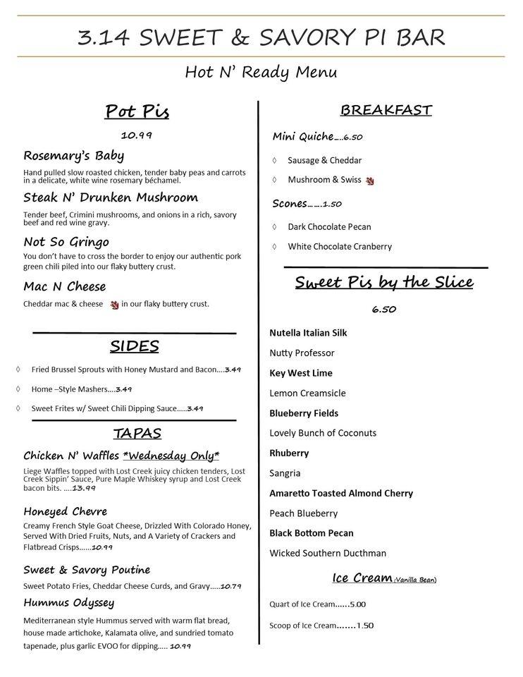 Menu at 3.14 Pi Bar, Colorado Springs, Centennial Blvd