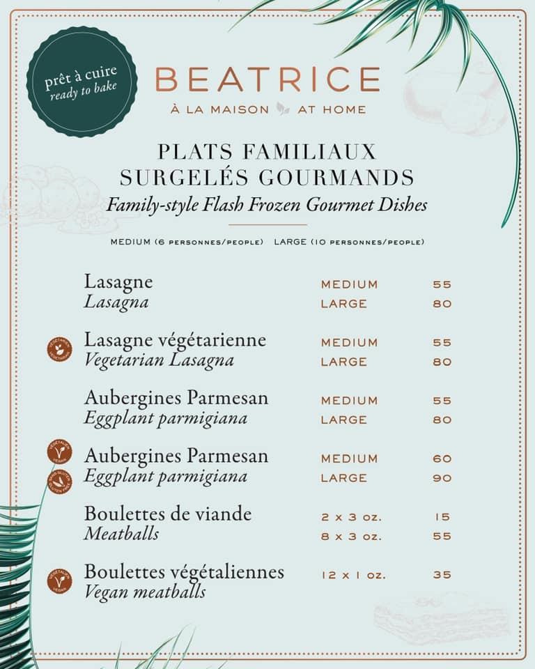 Menu au Beatrice restaurant, Montreal