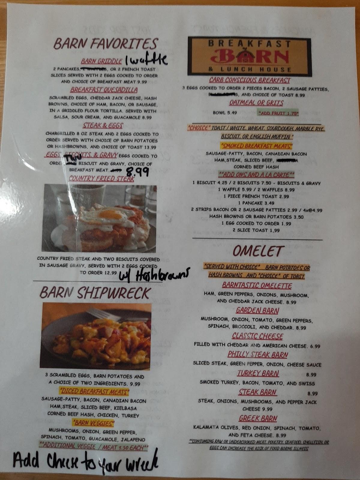 Carta de Breakfast Barn and Lunch House, Cedar Rapids
