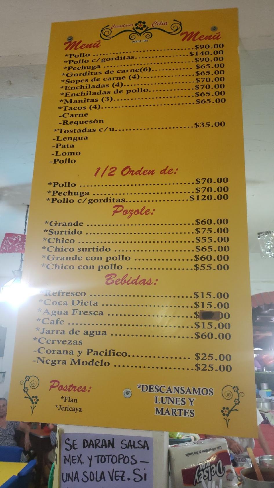 Menu at Cenaduria Celia restaurant, Puerto Vallarta, Lázaro Cárdenas 506