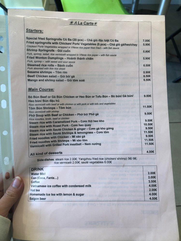 Menu au Cô Ba Saigon restaurant, Paris