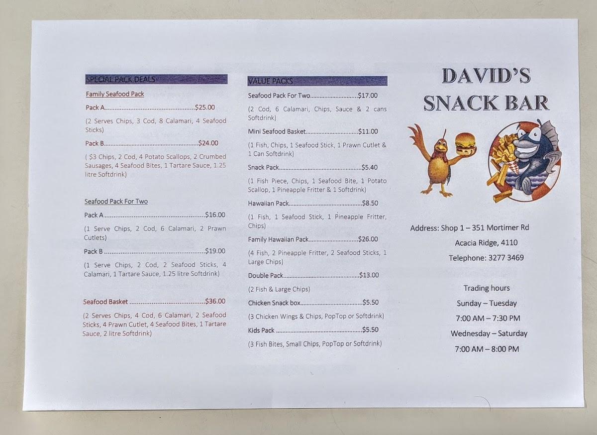 Menu at David's Snack Bar, Acacia Ridge