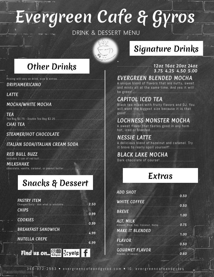 Menu at Evergreen Cafe and Gyros, Olympia