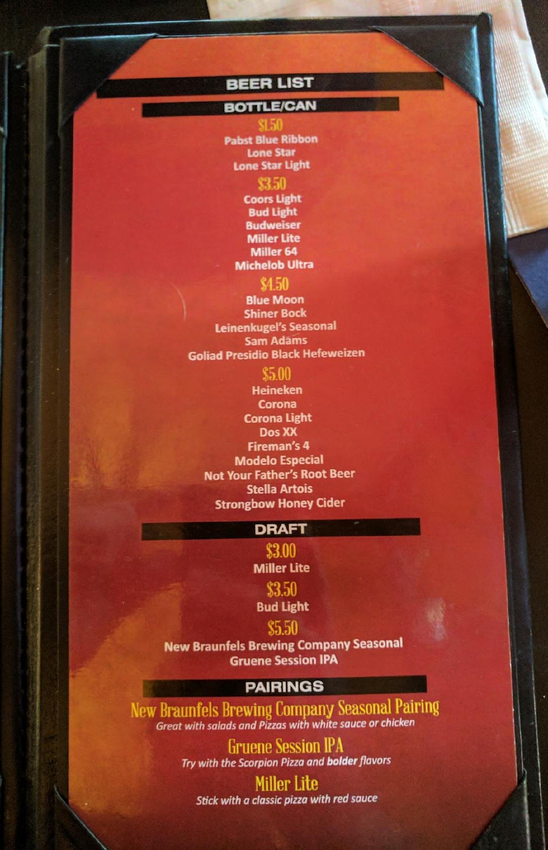 Menu at Inferno's Wood Fired Oven & Spirits pizzeria, New Braunfels
