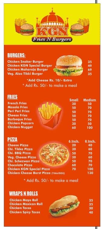 Menu at KGN FRIES N Burgers, India