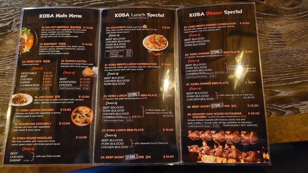 Menu at KOBA Korean Stone BBQ, Saint Robert