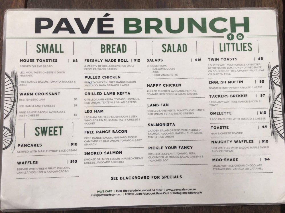 Menu at Pavé Cafe, Norwood