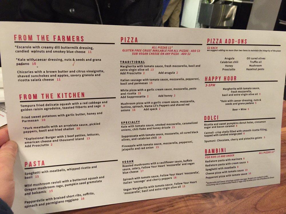 Menu at Pizzeria sul Lago, Lake Oswego
